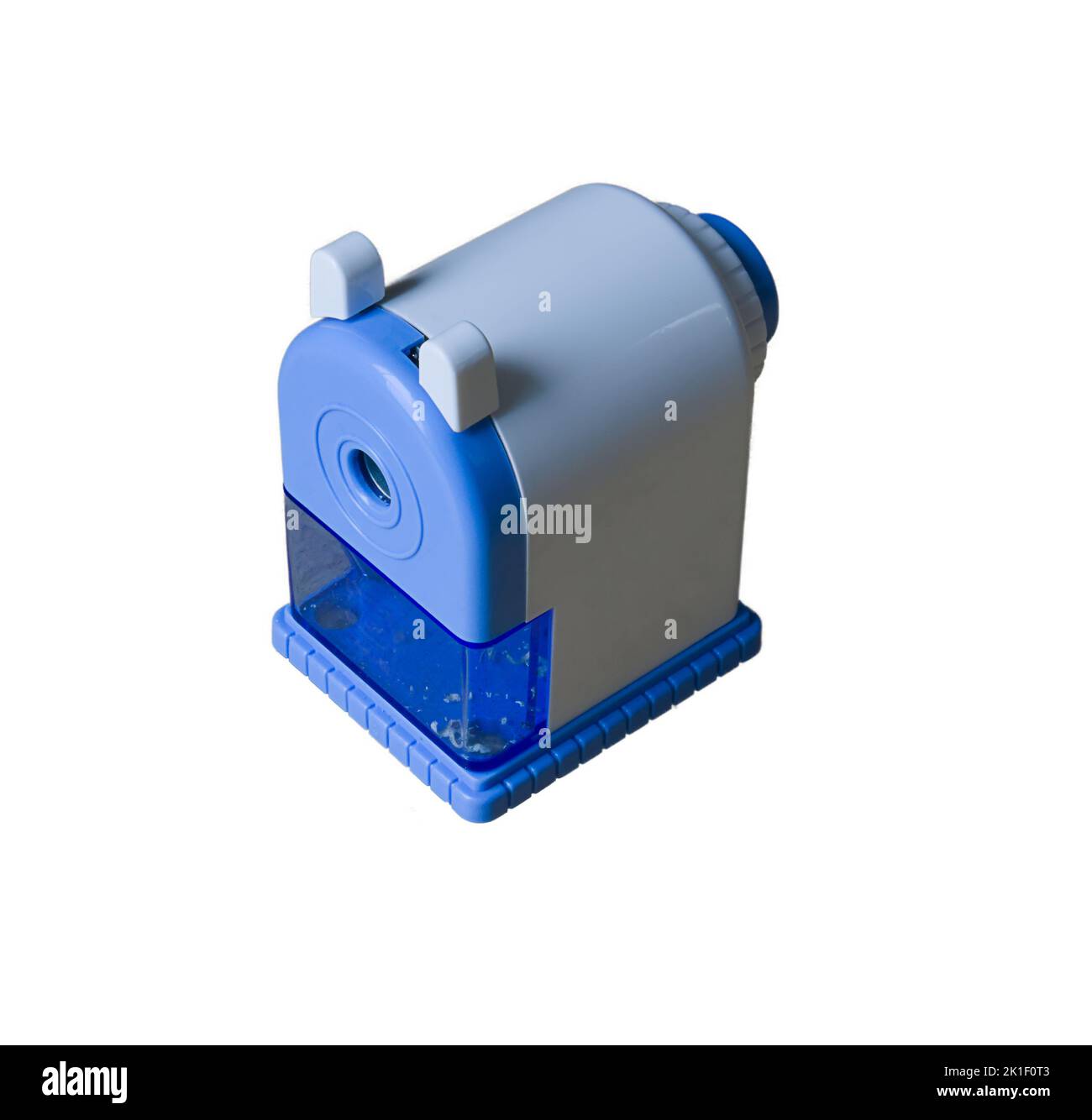 blue and white pencil sharpener for use with wood pencil isolated white ...
