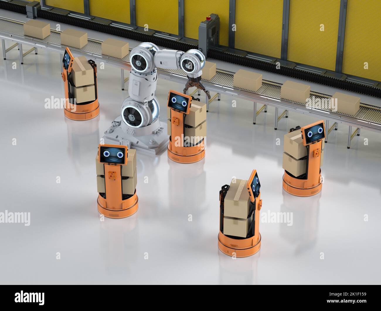 Automation factory concept with 3d rendering robot arm with warehouse robot and conveyor belt ...