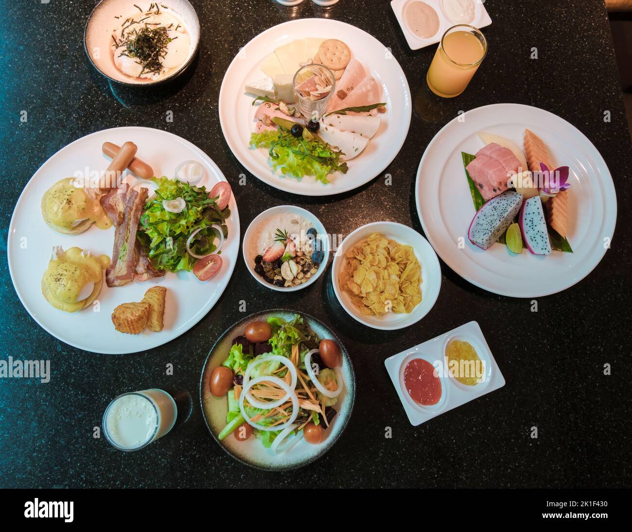 Top view of a luxury breakfast table with eggs salad and bread. top ...