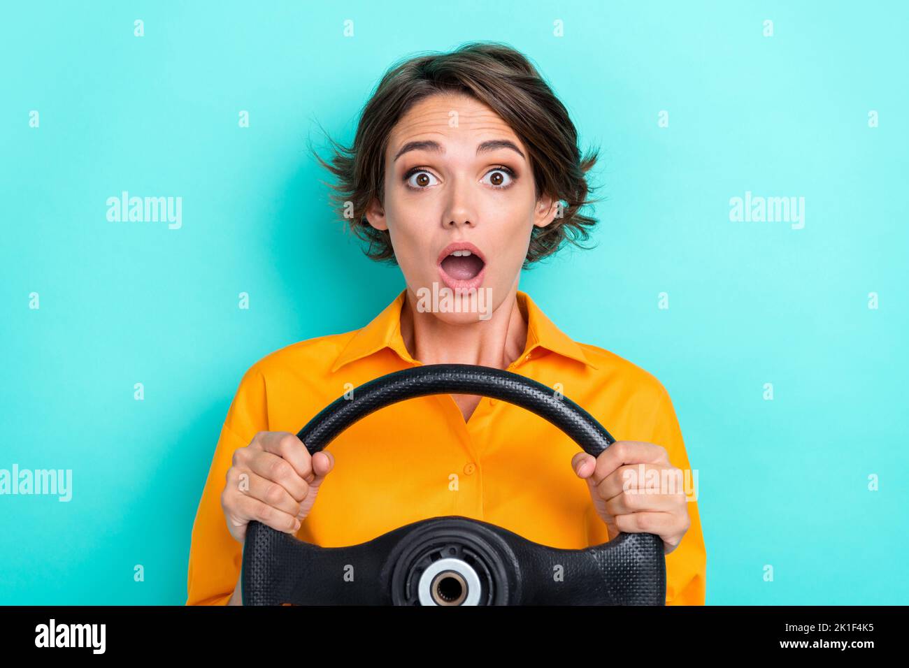 Photo of young attractive pretty nice cute woman hold steering wheel ...