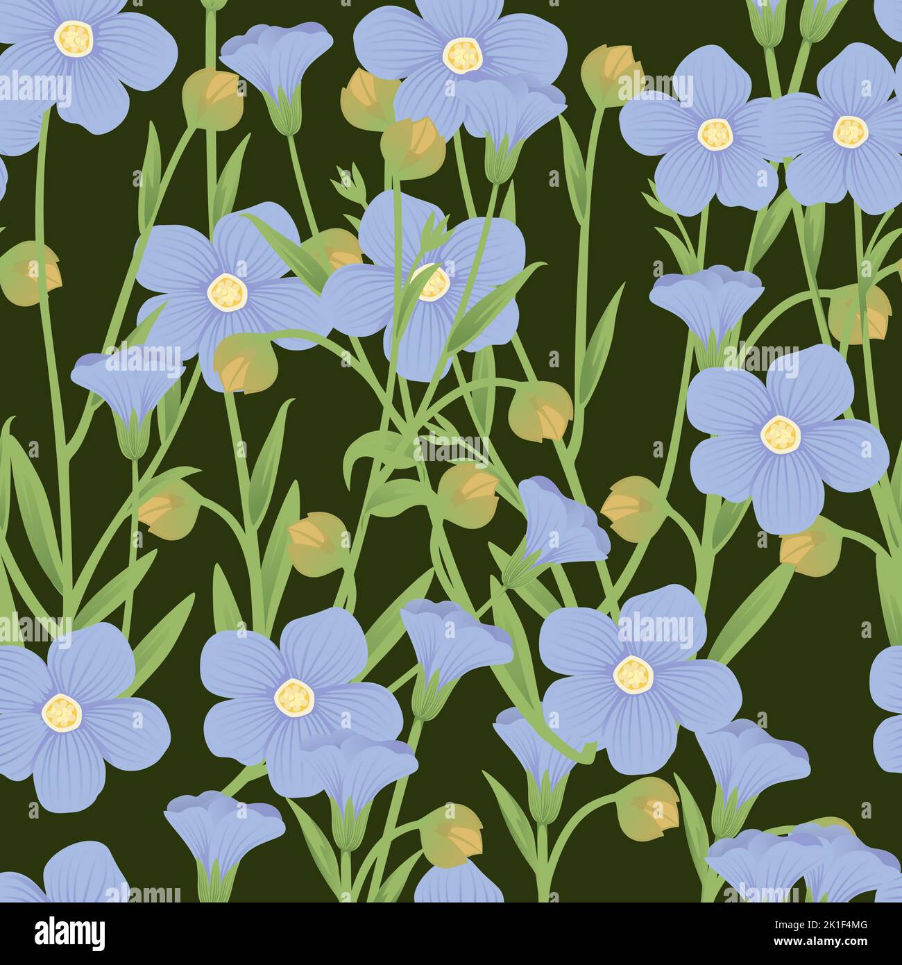 Seamless pattern Flax agriculture plant with blossom blue flowers and ...