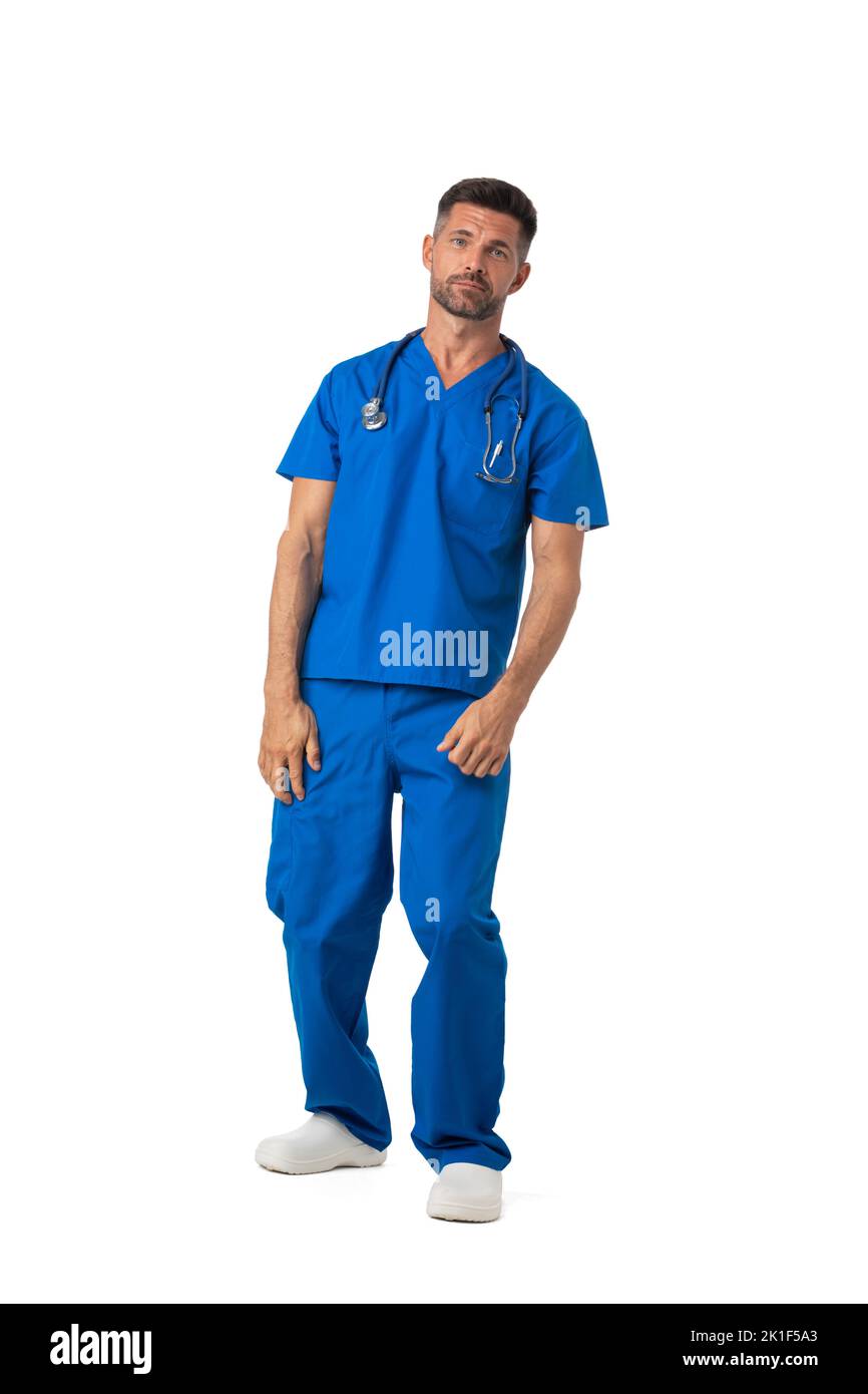 Tired sleepy doctor standing in medical clothing with eyes closed full ...