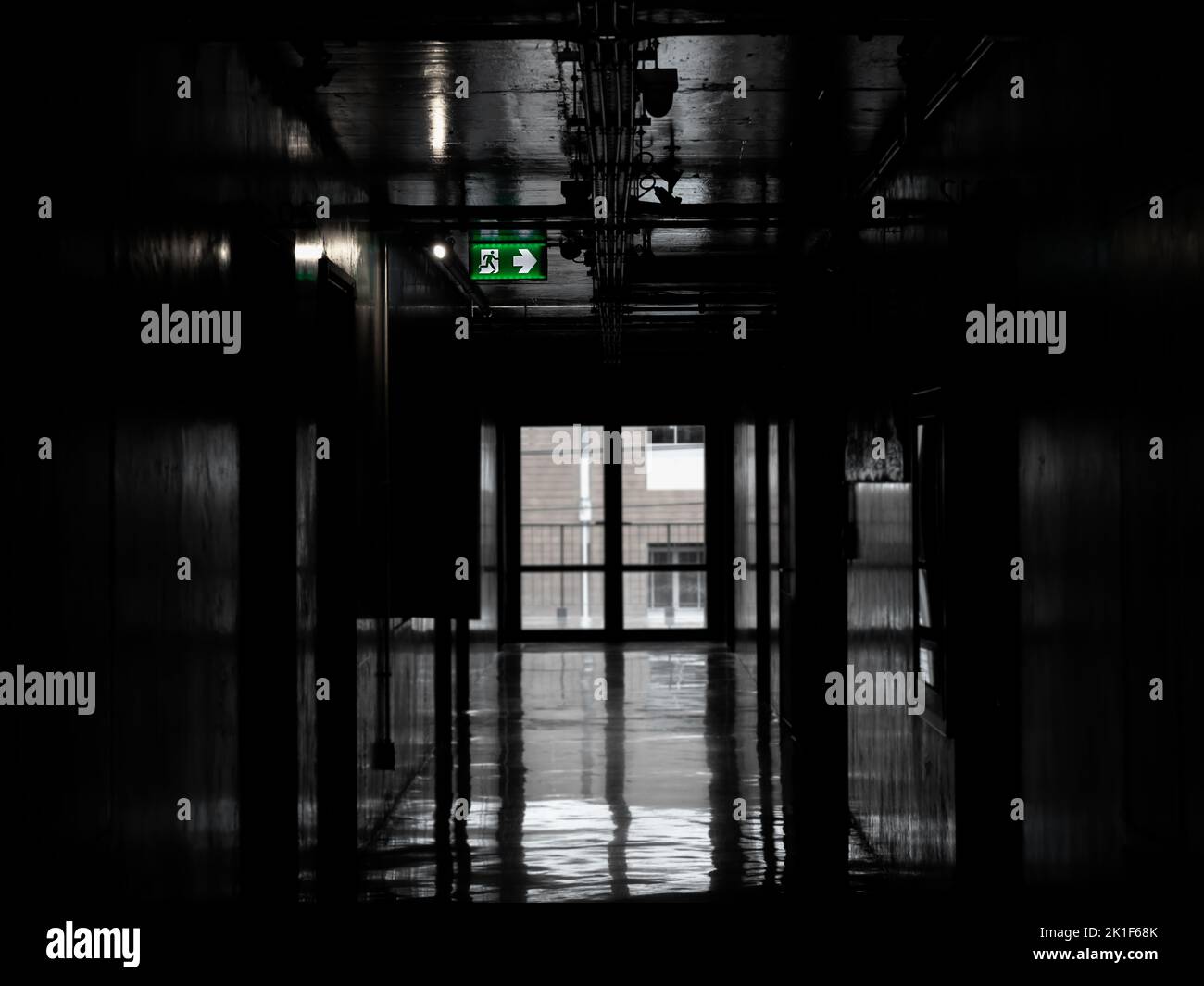Green exit fire sign hanging on ceiling on dark mysterious corridor in ...