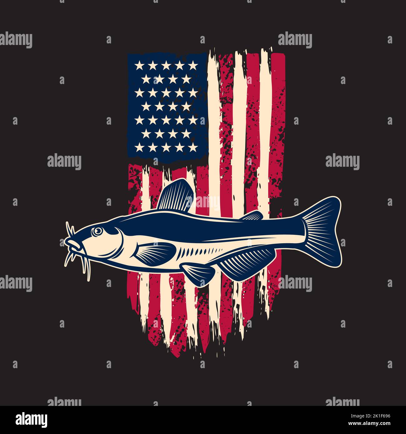 Catfish on american flag background. Design element for emblem, sign ...