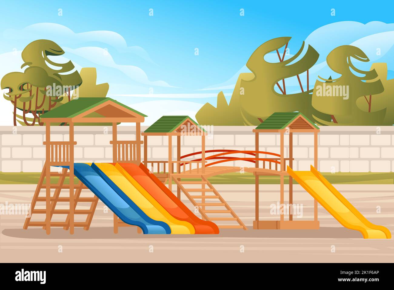 Kids playground in public park with trees and city on background ...