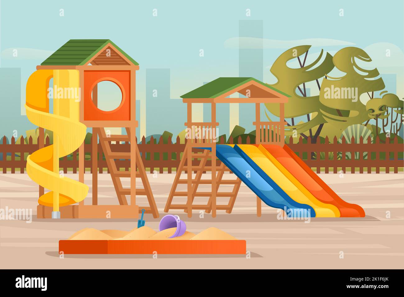 Kids playground in public park with trees and city on background ...