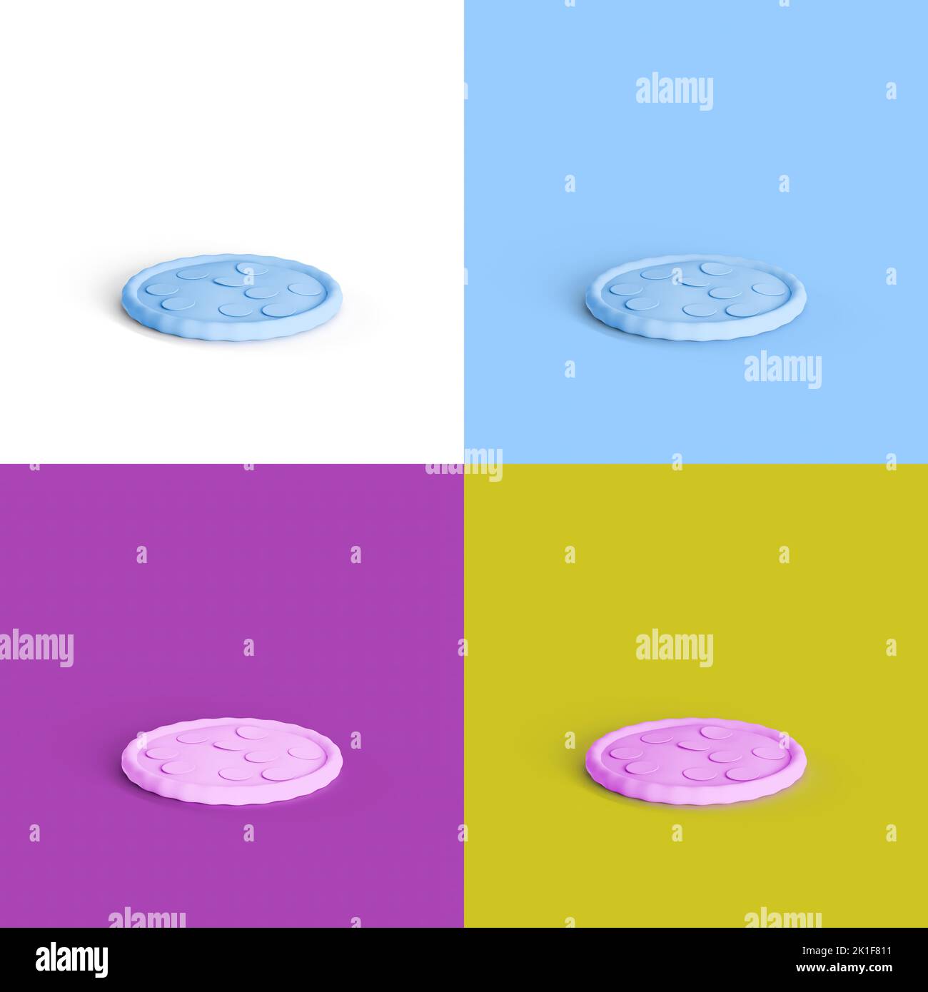 A collage of 3D rendered pepperoni pizzas in four different vibrant ...