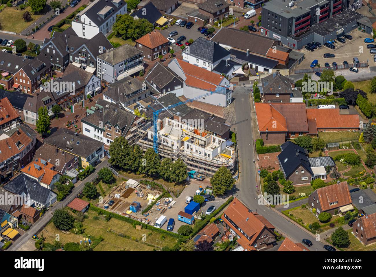 Aerial view, construction site with Volksbank extension at ...