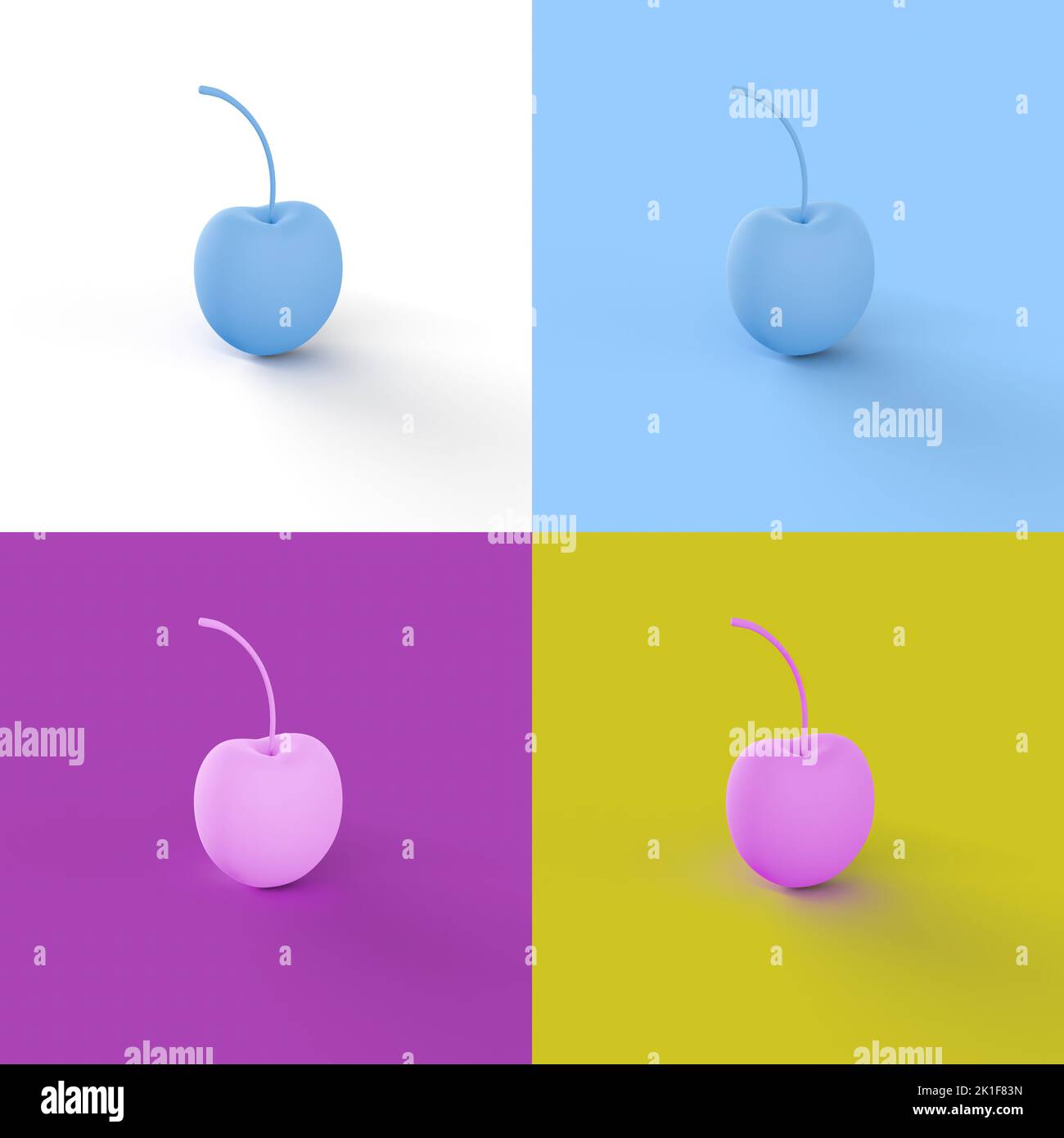 A collage of 3D rendered cherries in four different vibrant colors ...