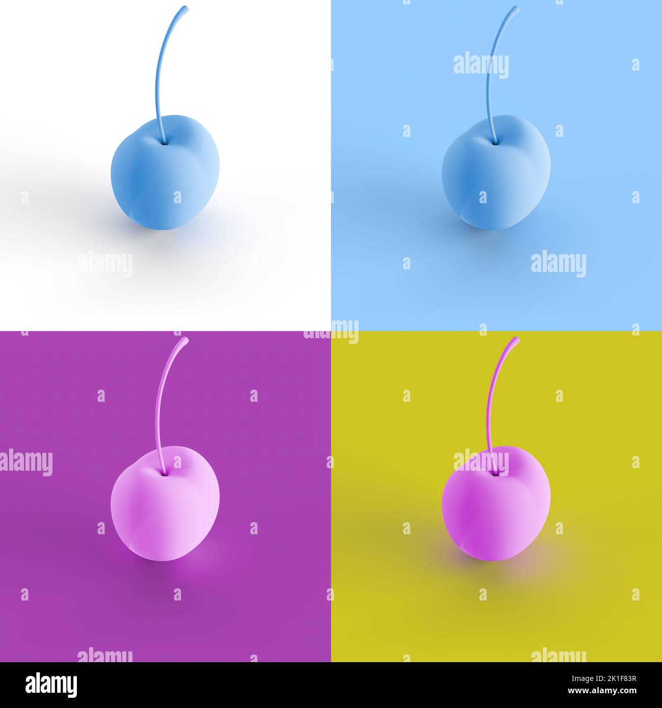 A collage of 3D rendered cherries in four different vibrant colors ...