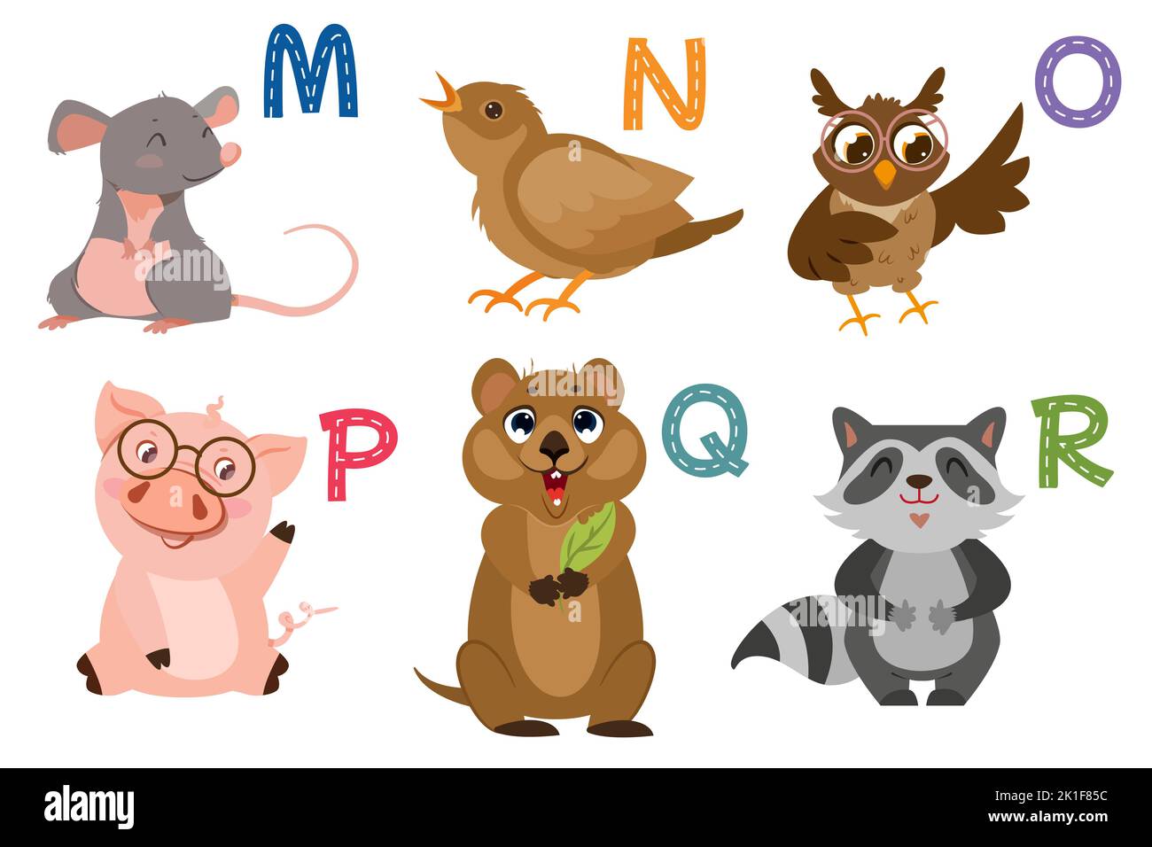 English alphabet with flat cute animals for kids education. Letters ...