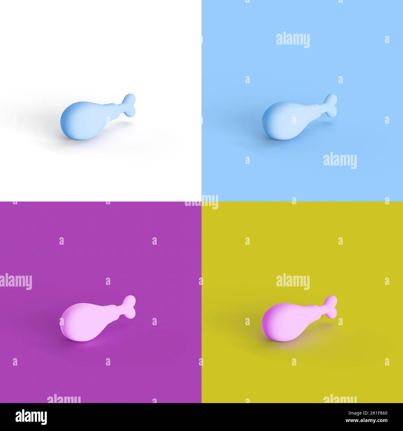 A collage of 3D rendered ham legs in four different vibrant colors ...