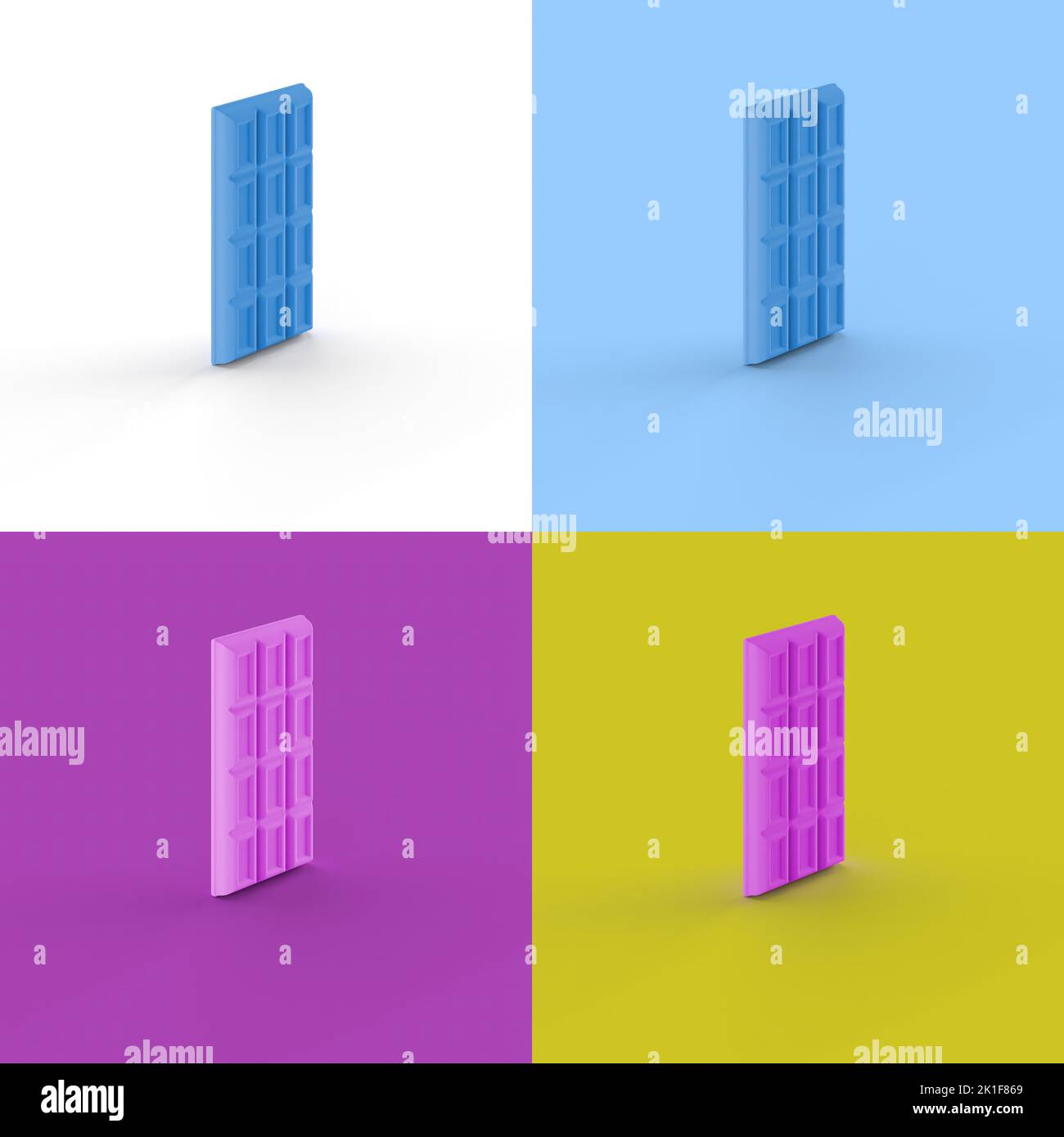 A collage of 3D rendered chocolate bars in four different vibrant ...