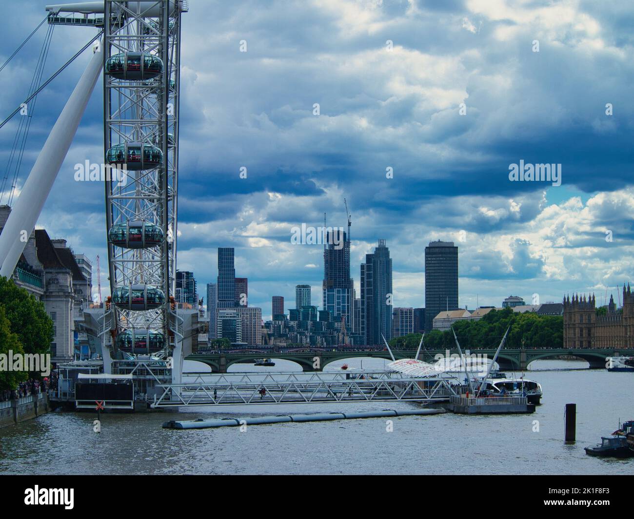 A London cityscape across the Thames river showing a part of London Eye ...