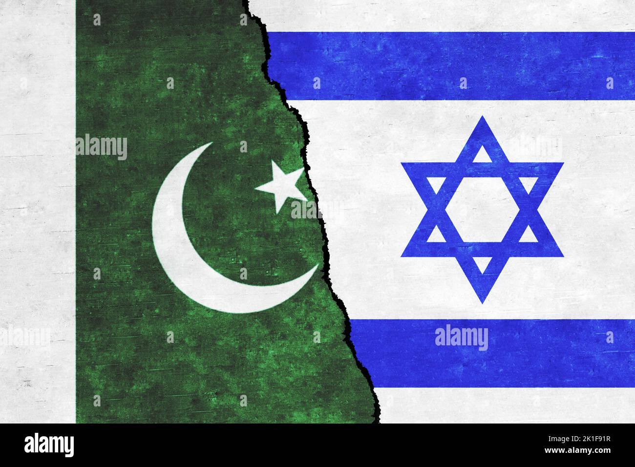 Israel and Pakistan painted flags on a wall with a crack. Israel and ...