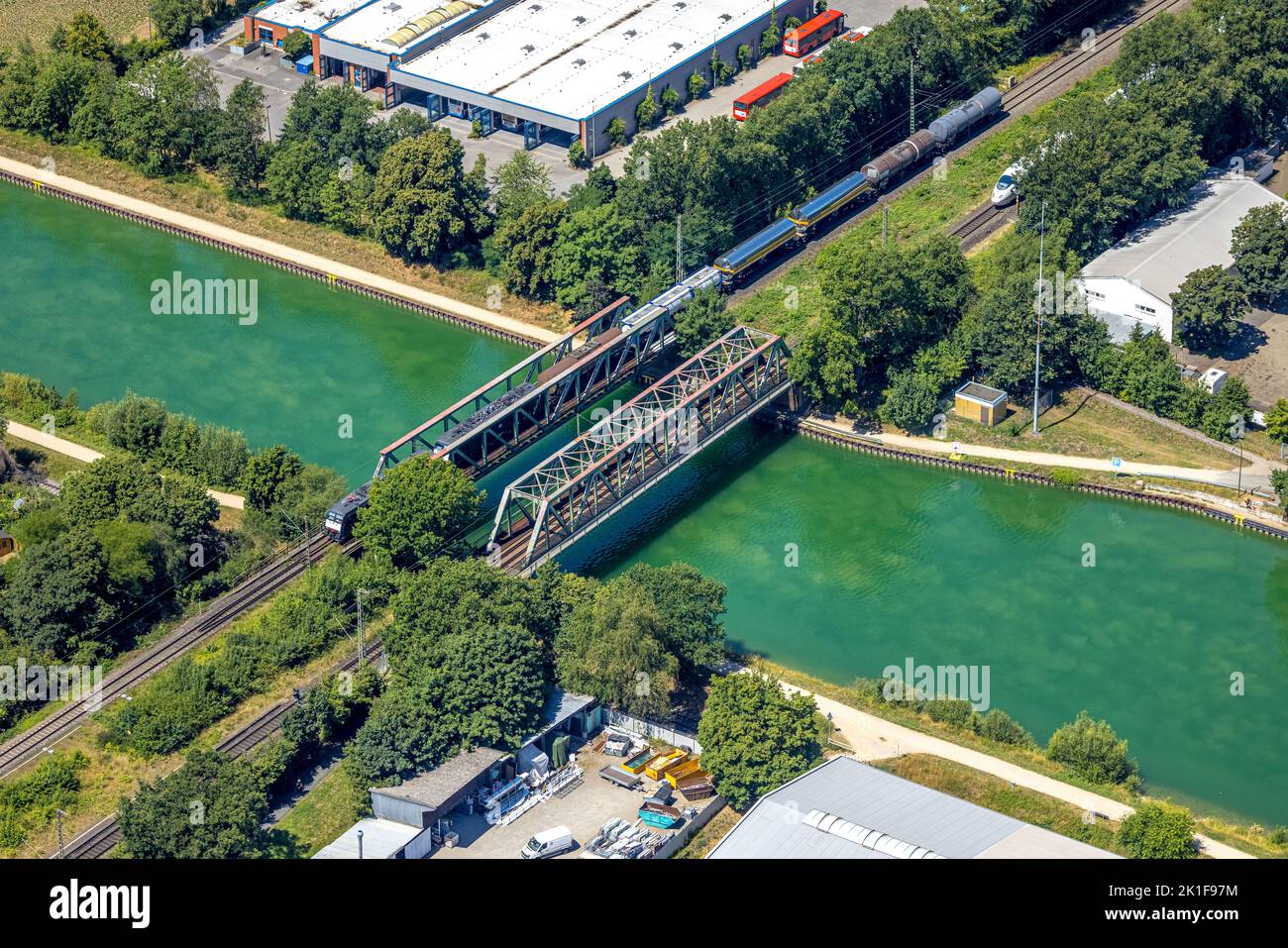 Aerial view, Two railroad bridges with freight train, Wesel-Datteln ...