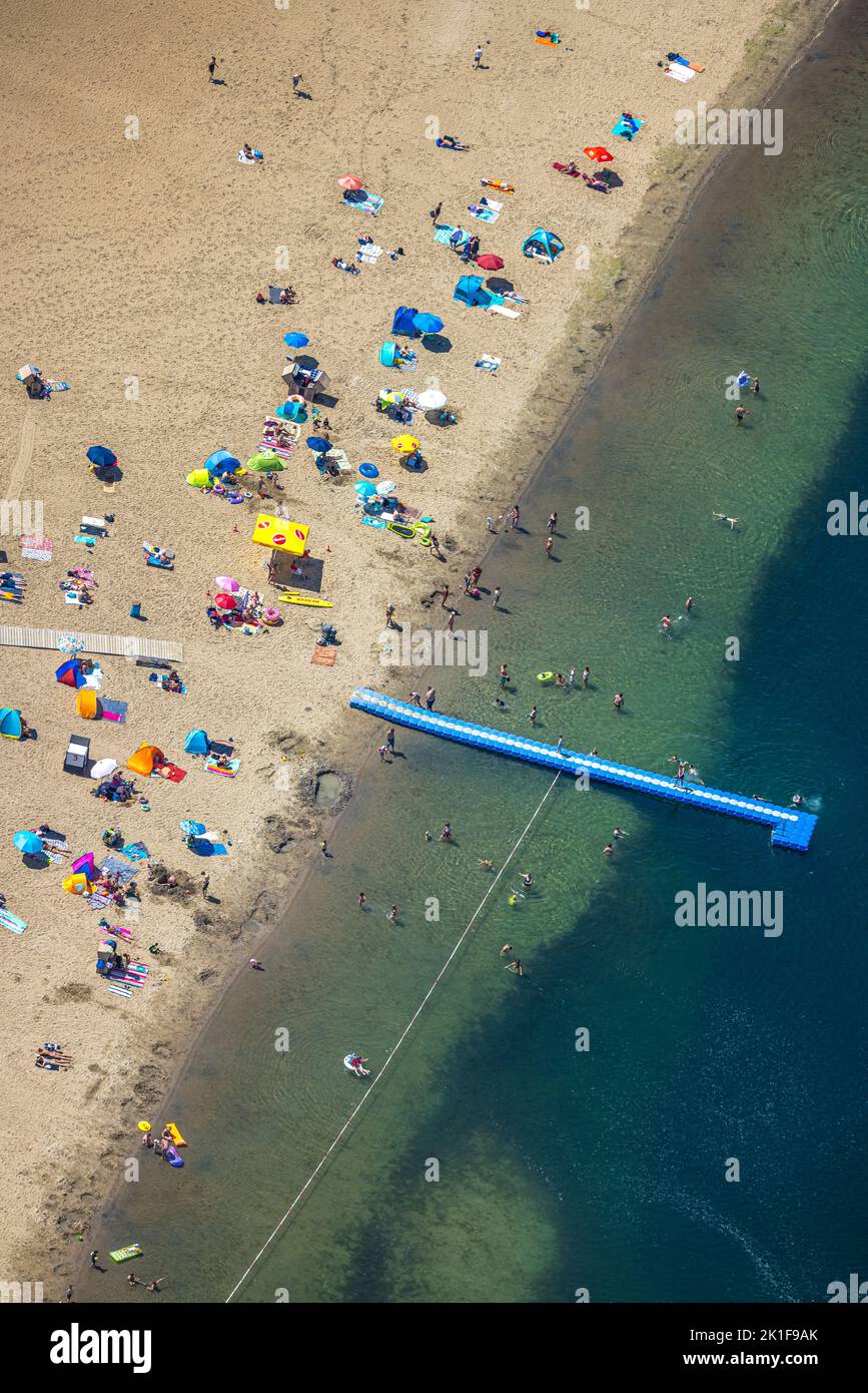Aerial view, bathers and pontoon at lido Tenderingssee, beachgoers with ...