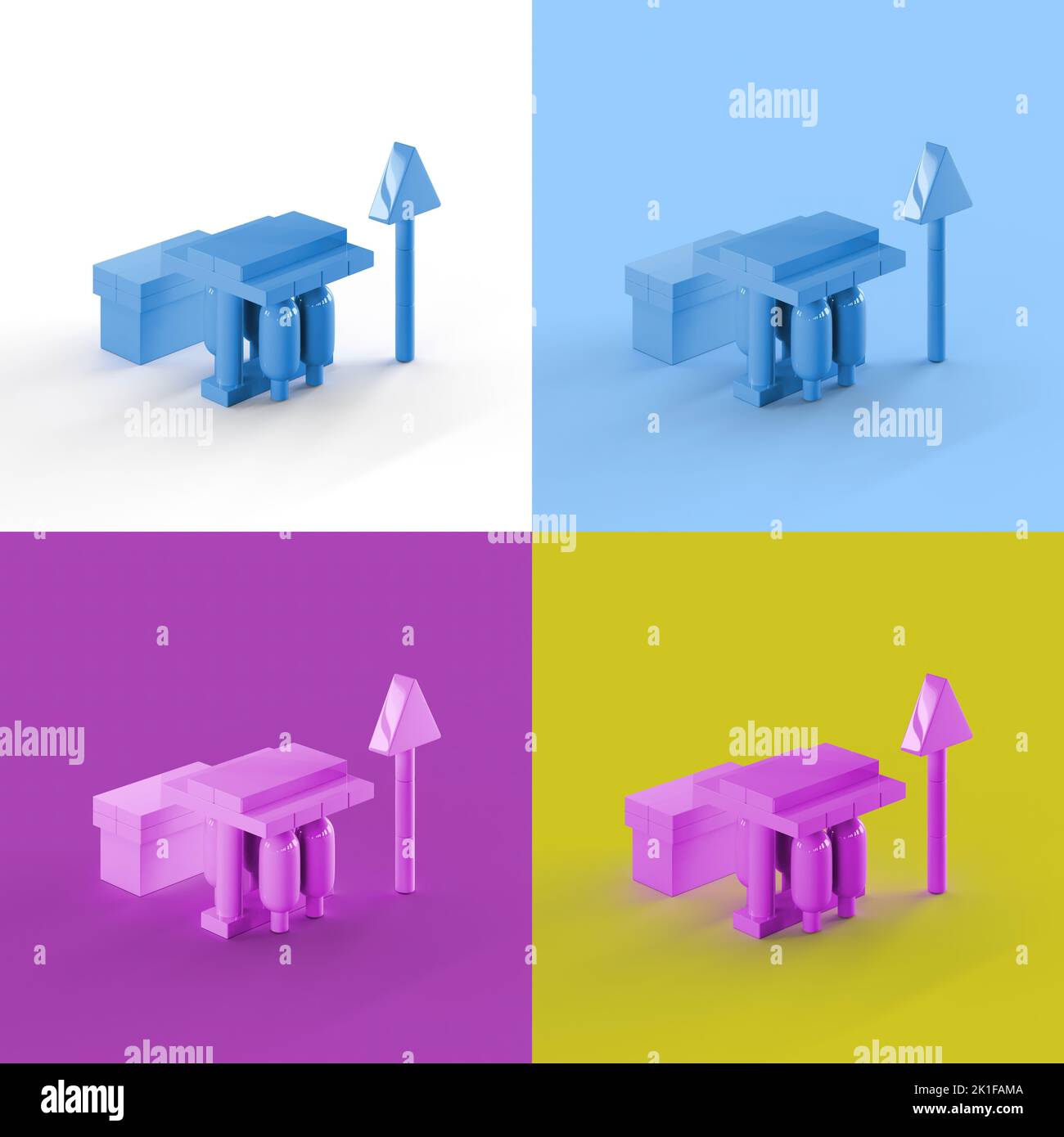 A collage of 3D rendered minimalistic industrial buildings in four ...