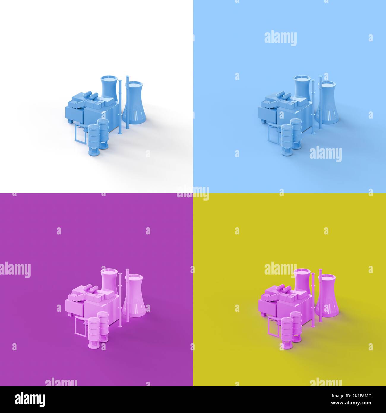 A collage of 3D rendered minimalistic industrial buildings in four ...