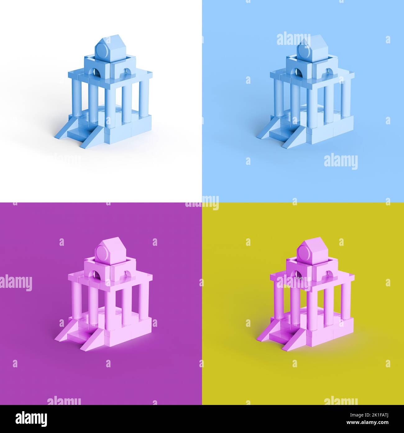A collage of 3D rendered minimalistic temple in four different vibrant ...