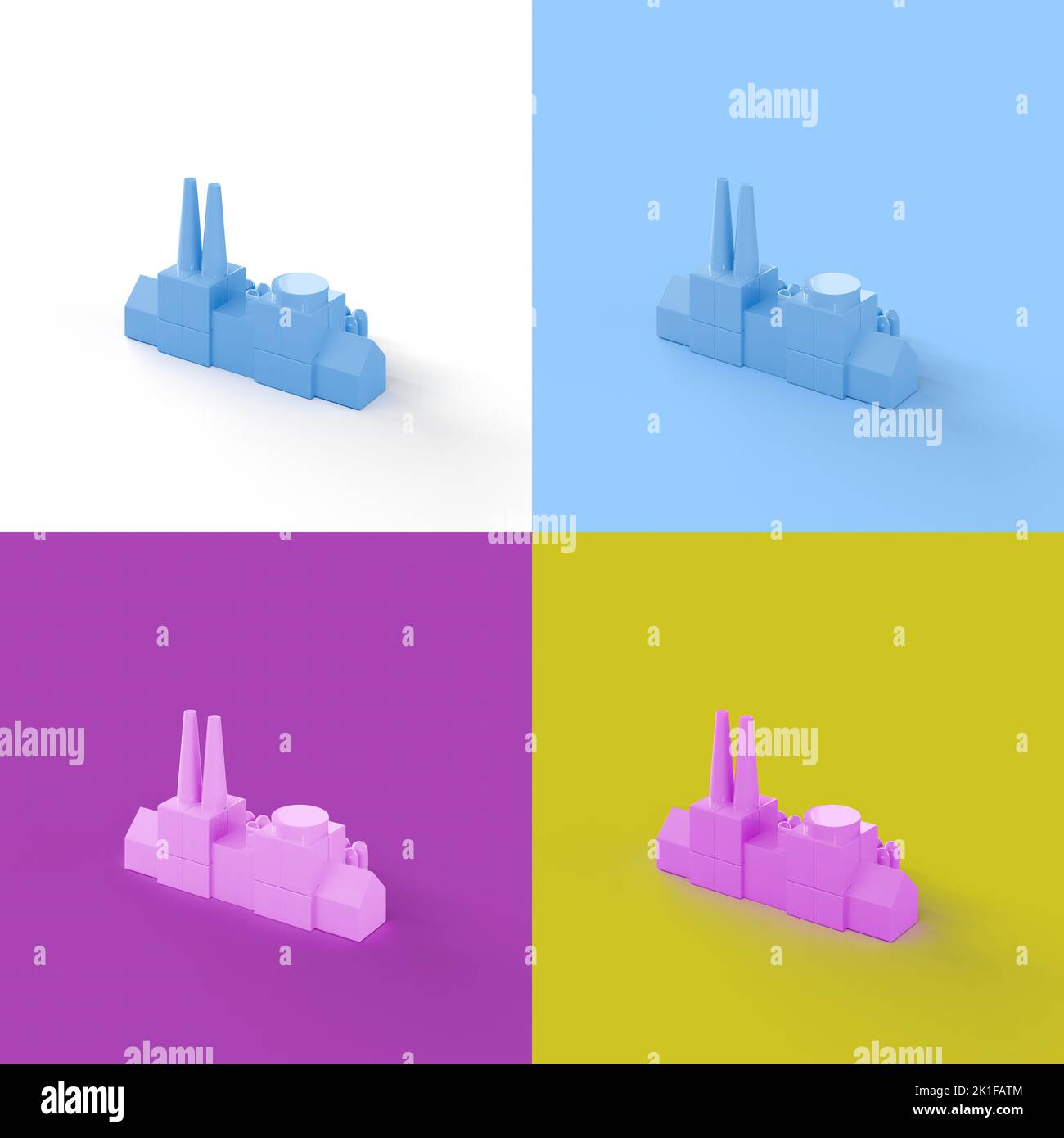 A collage of 3D rendered minimalistic industrial buildings in four ...