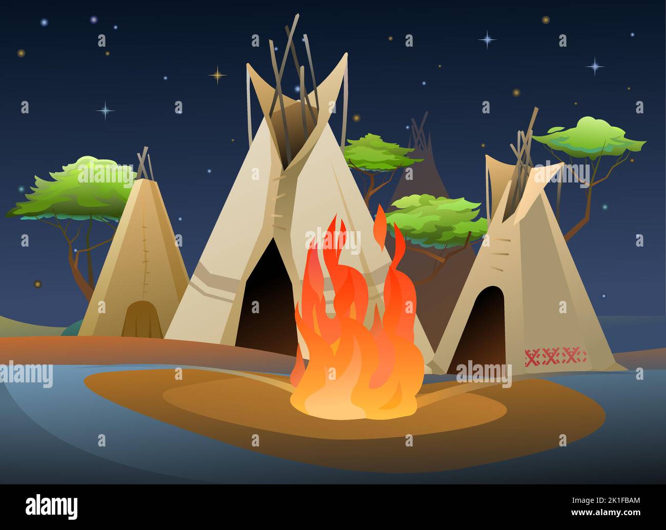 Indians wigwam hut made of felt and skins. Night landscape with fire ...