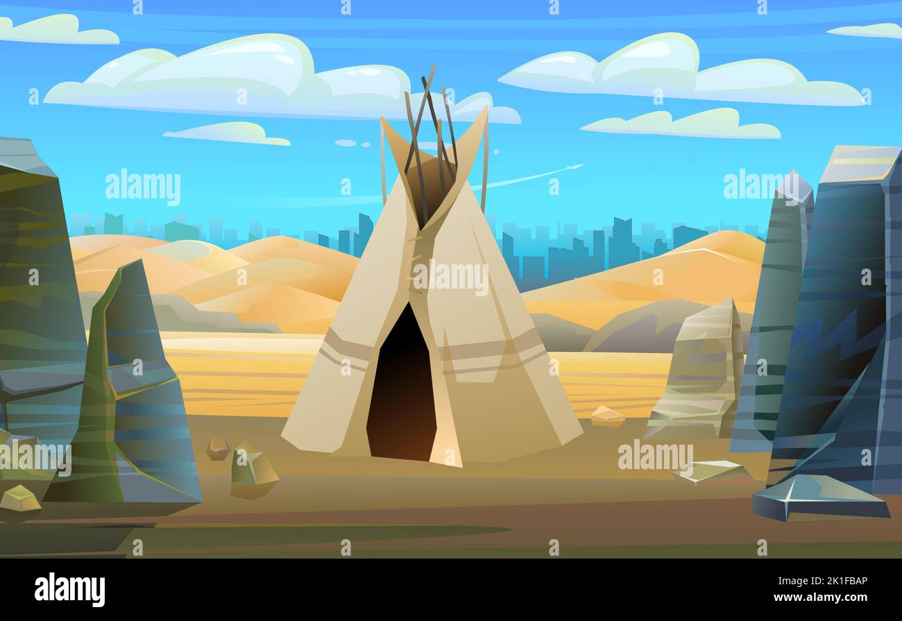 Indians wigwam hut made of felt and skins. Far away is horizon of ...