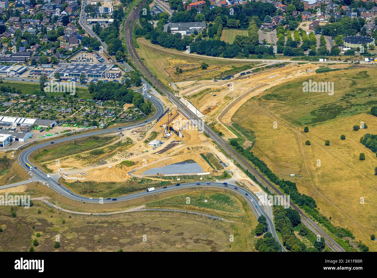 Aerial view, construction site and new construction extension federal ...