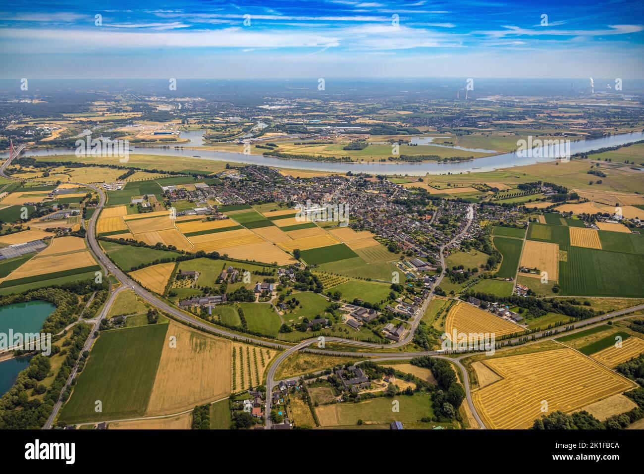 Aerial view, town view district Büderich, river Rhine and federal road ...