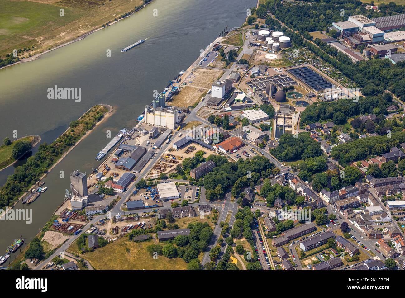 Aerial view, port of Wesel with mouth of river Lippe into river Rhine ...