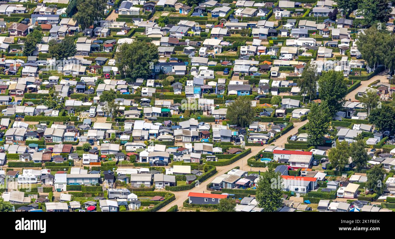 Aerial view, camping Grav Insel on the river Rhine, Flürener Feld ...