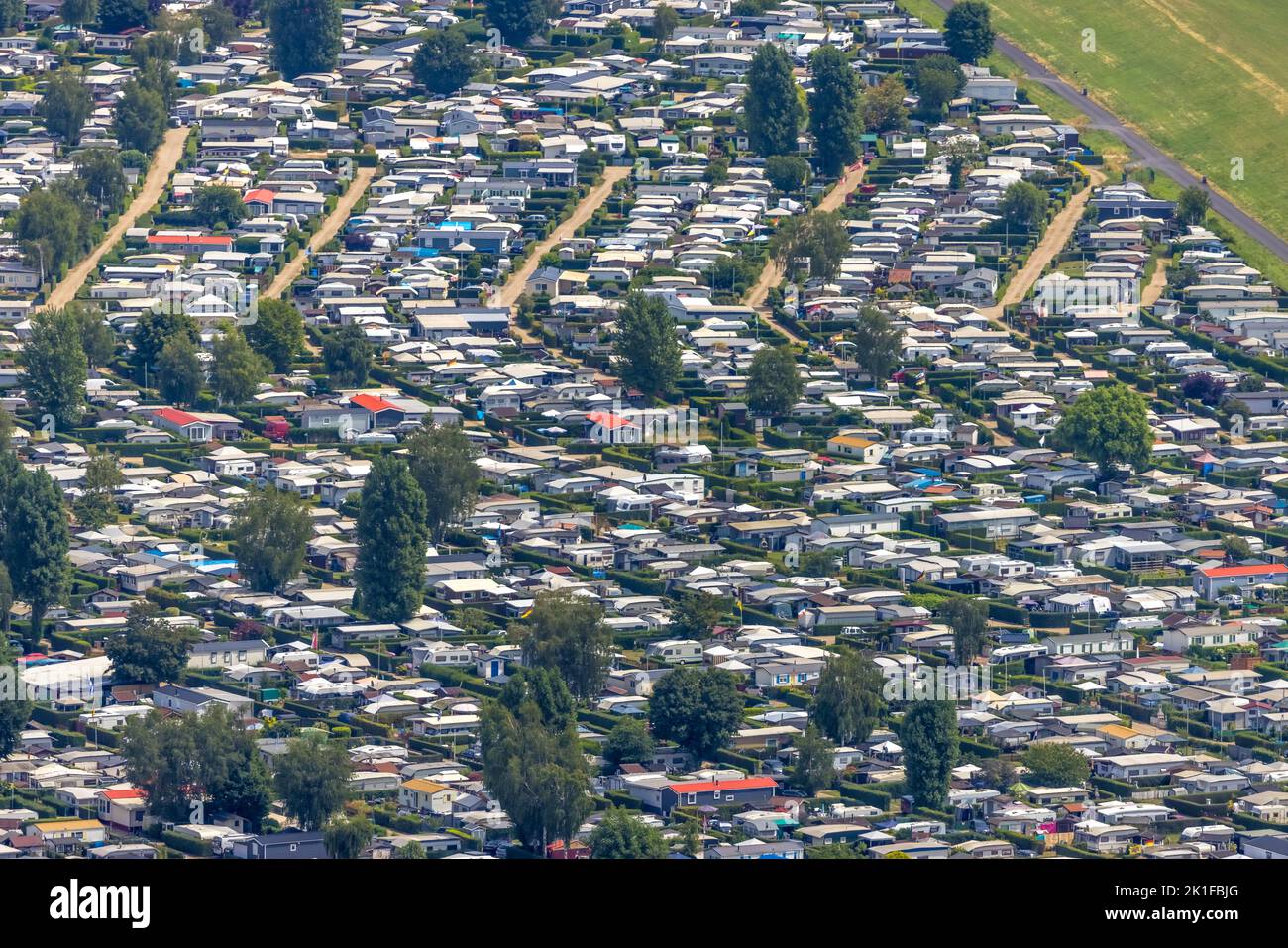 Aerial view, camping Grav Insel on the river Rhine, Flürener Feld ...