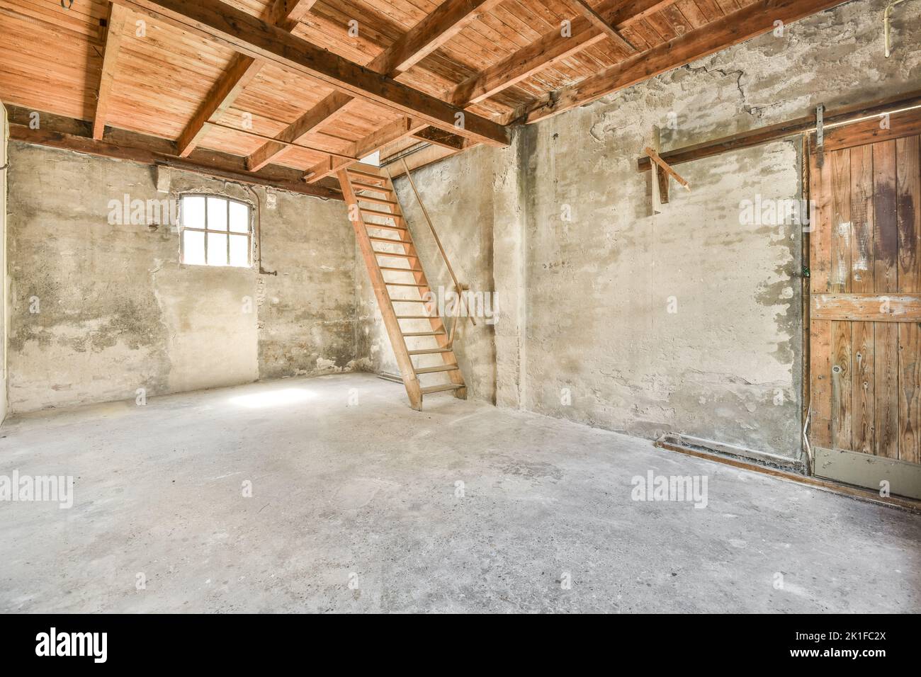 Attic with entrance door in two level apartment with minimalist wooden ...