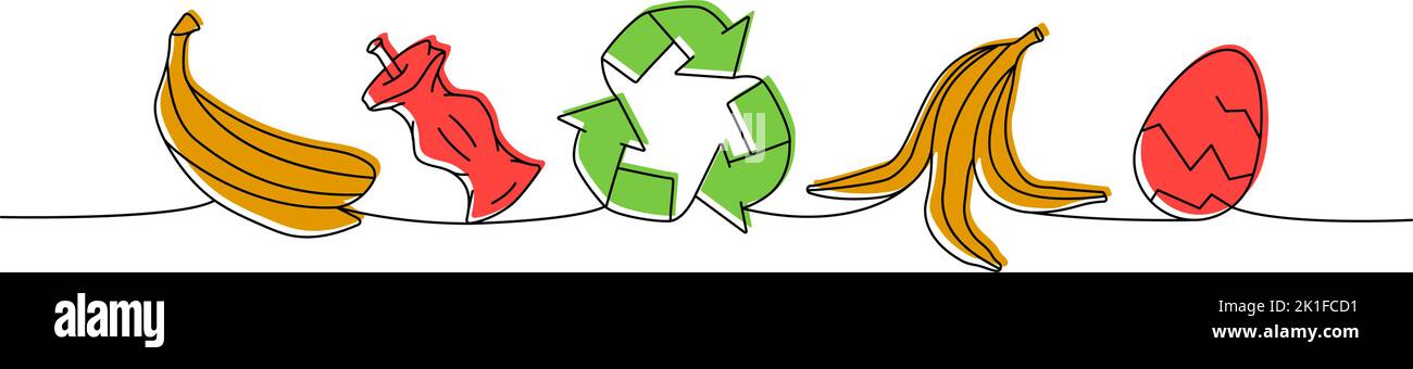 Set of organic trash one line colored continuous drawing. Egg shell ...