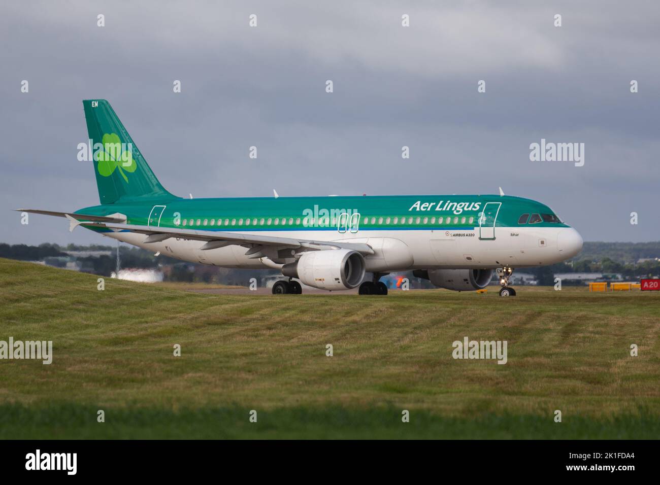 A closeup of an Aerlingus plane departing at Edinburgh Airport ...