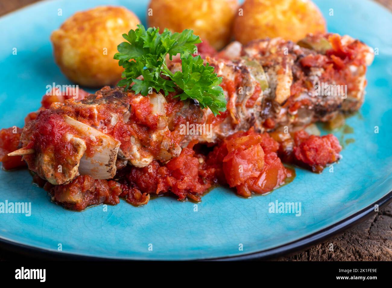shashlik with salad on wood Stock Photo - Alamy