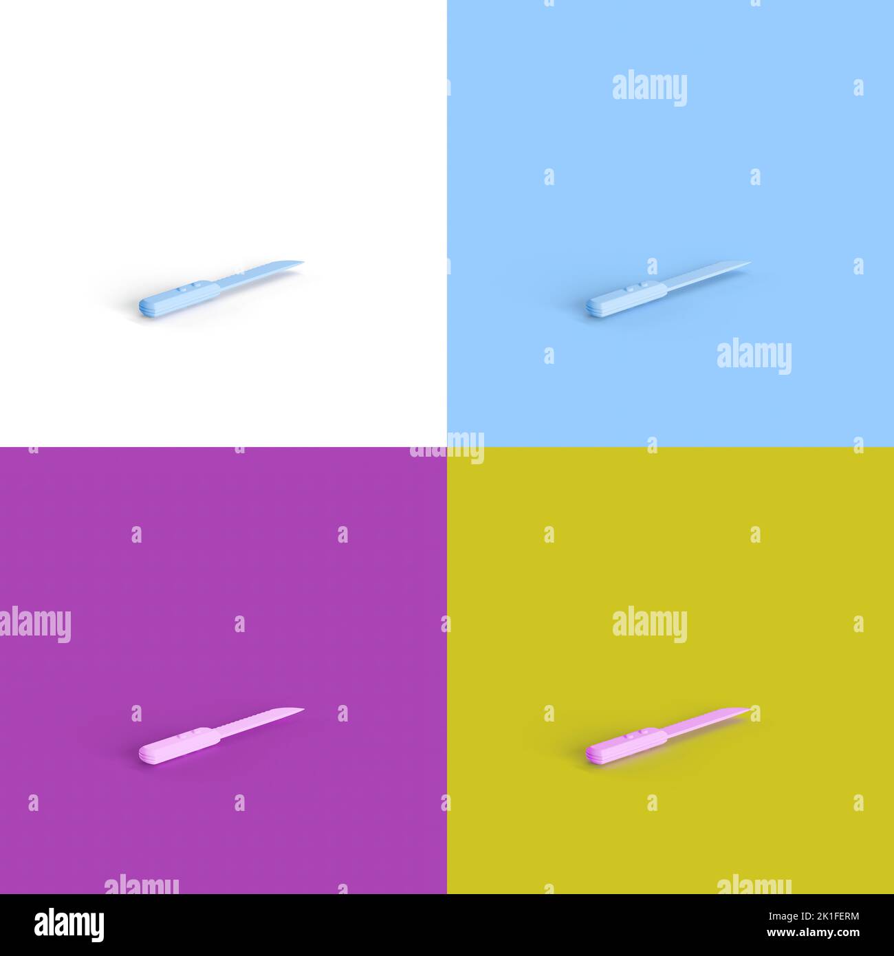 A collage of 3D rendered minimalistic knives in four different vibrant ...