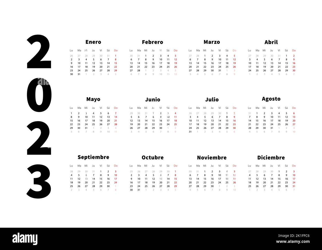2023 year simple horizontal calendar in spanish language, typographic ...