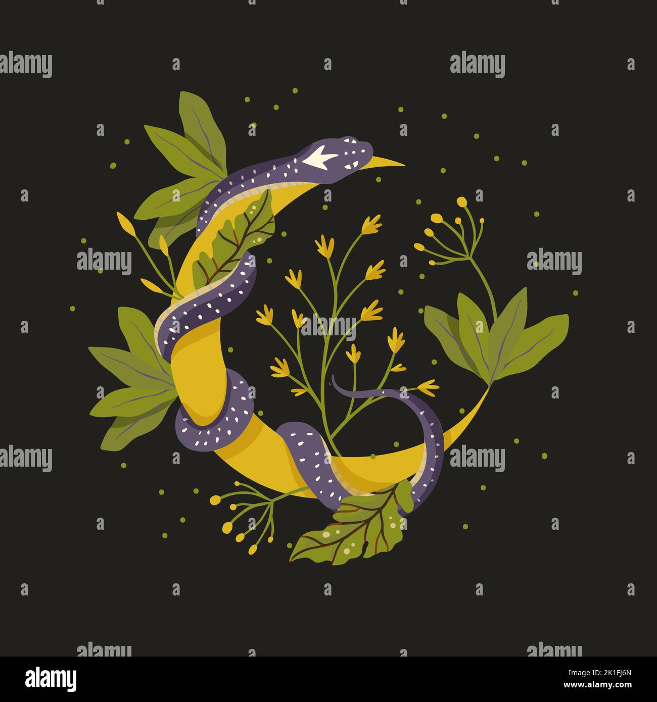 Snake floral background vector snake flower magic art. Mystic moon ...