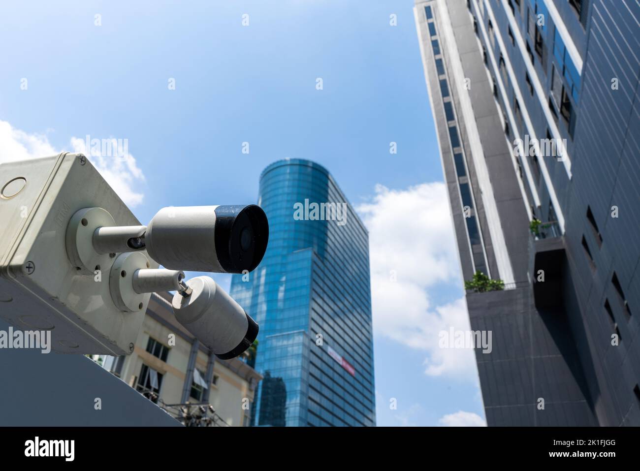 CCTV camera background with copy space. Outdoor CCTV watching camera ...