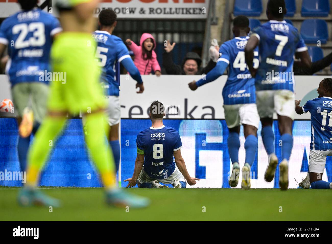Genk's Bryan Heynen celebrates after scoring during a soccer match ...
