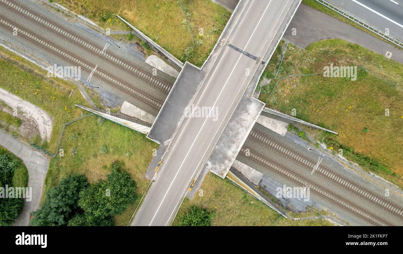 Aerial view of a freeway and railway. Clip. Highway and railway with ...