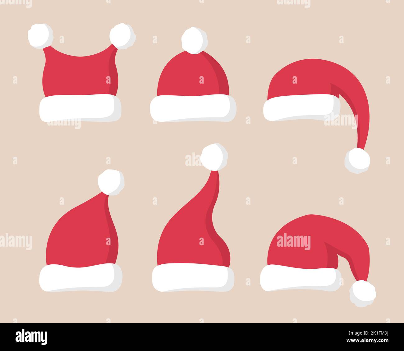 Collection of flat Santa Claus red hats with white fur. Christmas caps ...