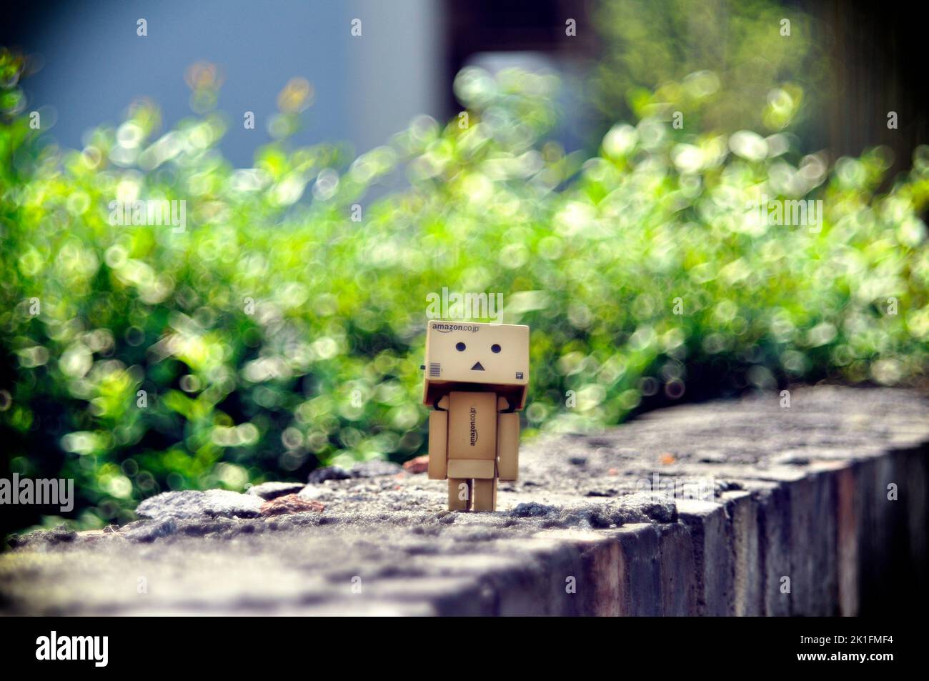 A closeup shot of a small cardboard box robot Danbo standing on a stone ...