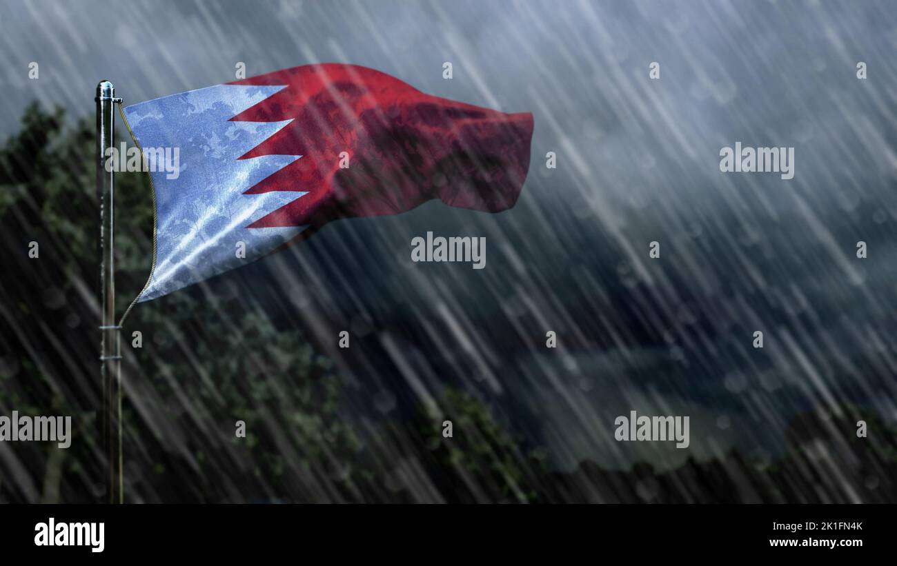 flag of Bahrain with rain and dark clouds, terrible weather symbol ...