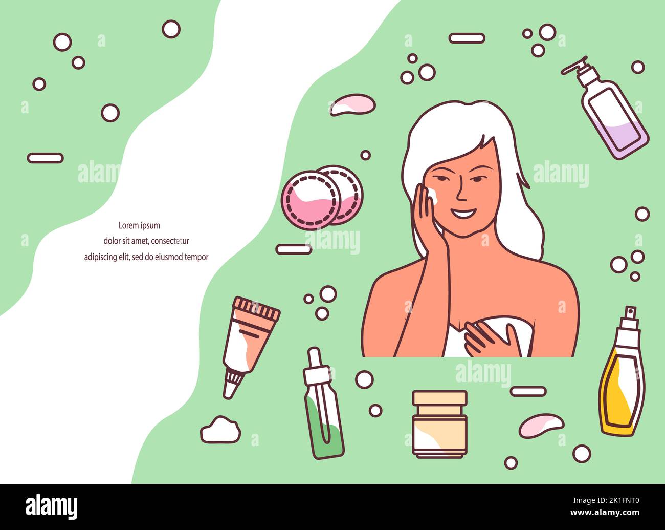 Vector illustration Cosmetic products ad, skin care ad. Woman applying ...