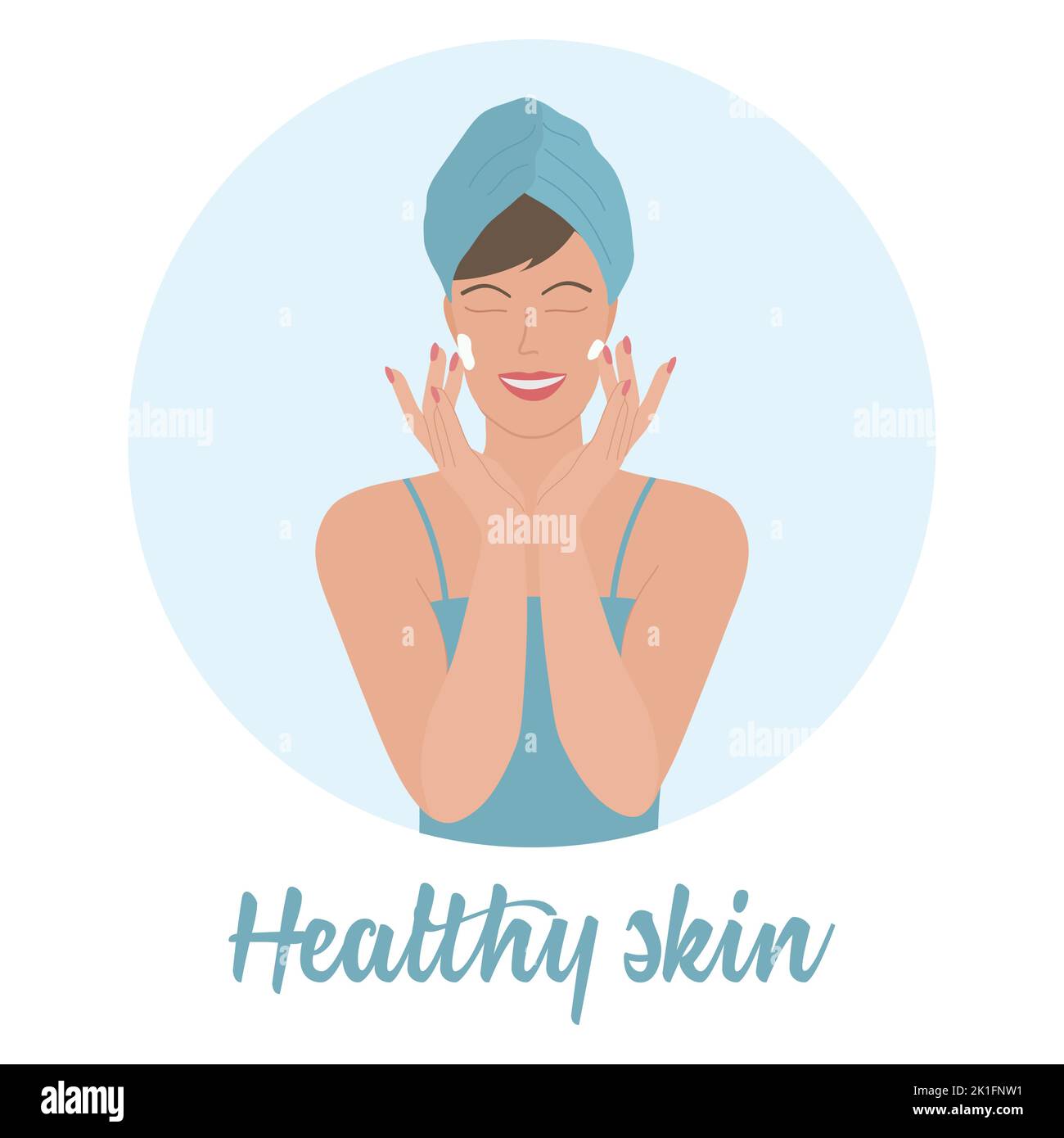 Vector illustration Woman applying moisturizing cream on face. Girl ...