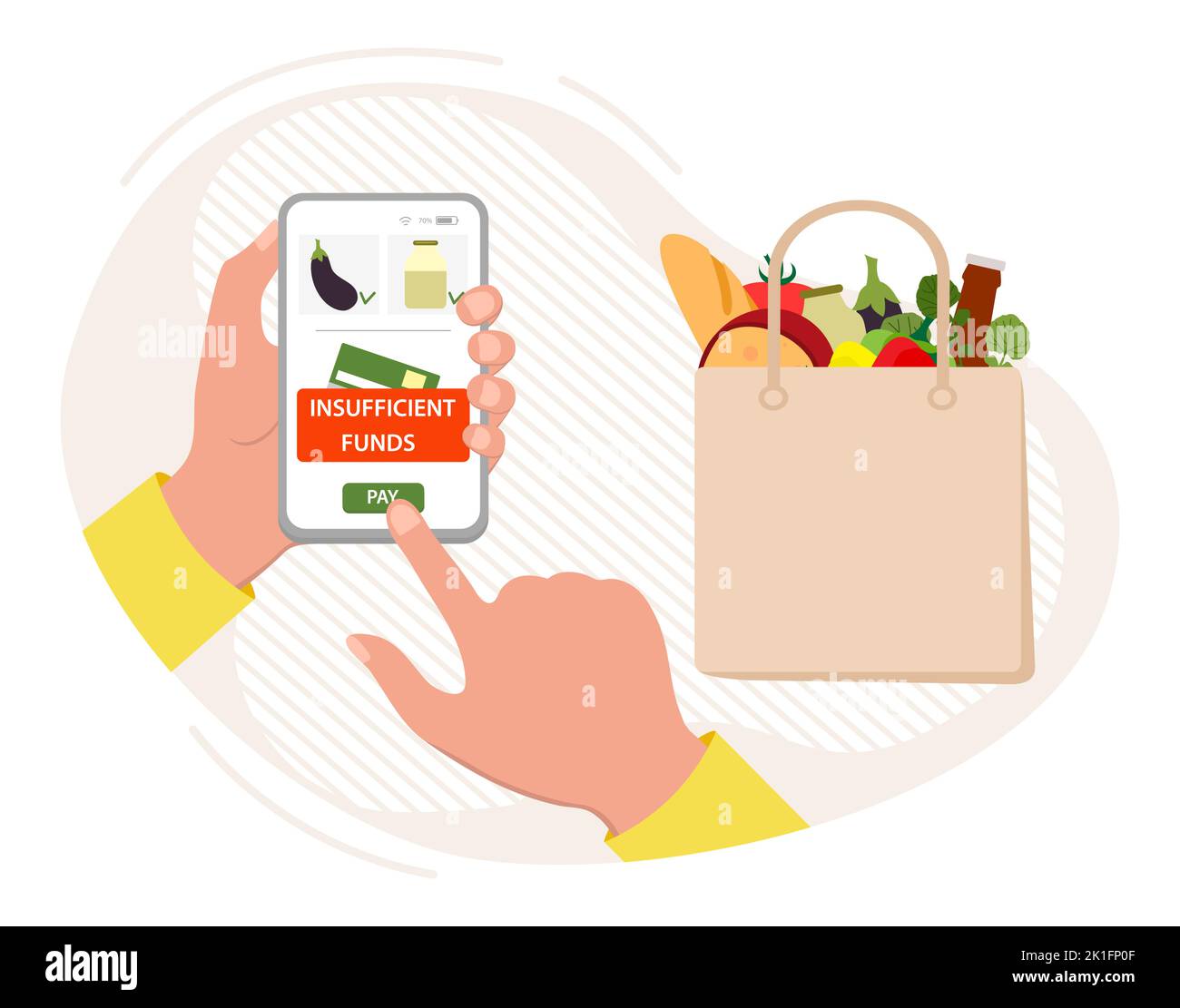 Vector illustration Hand holds cell phone with app message insufficient ...