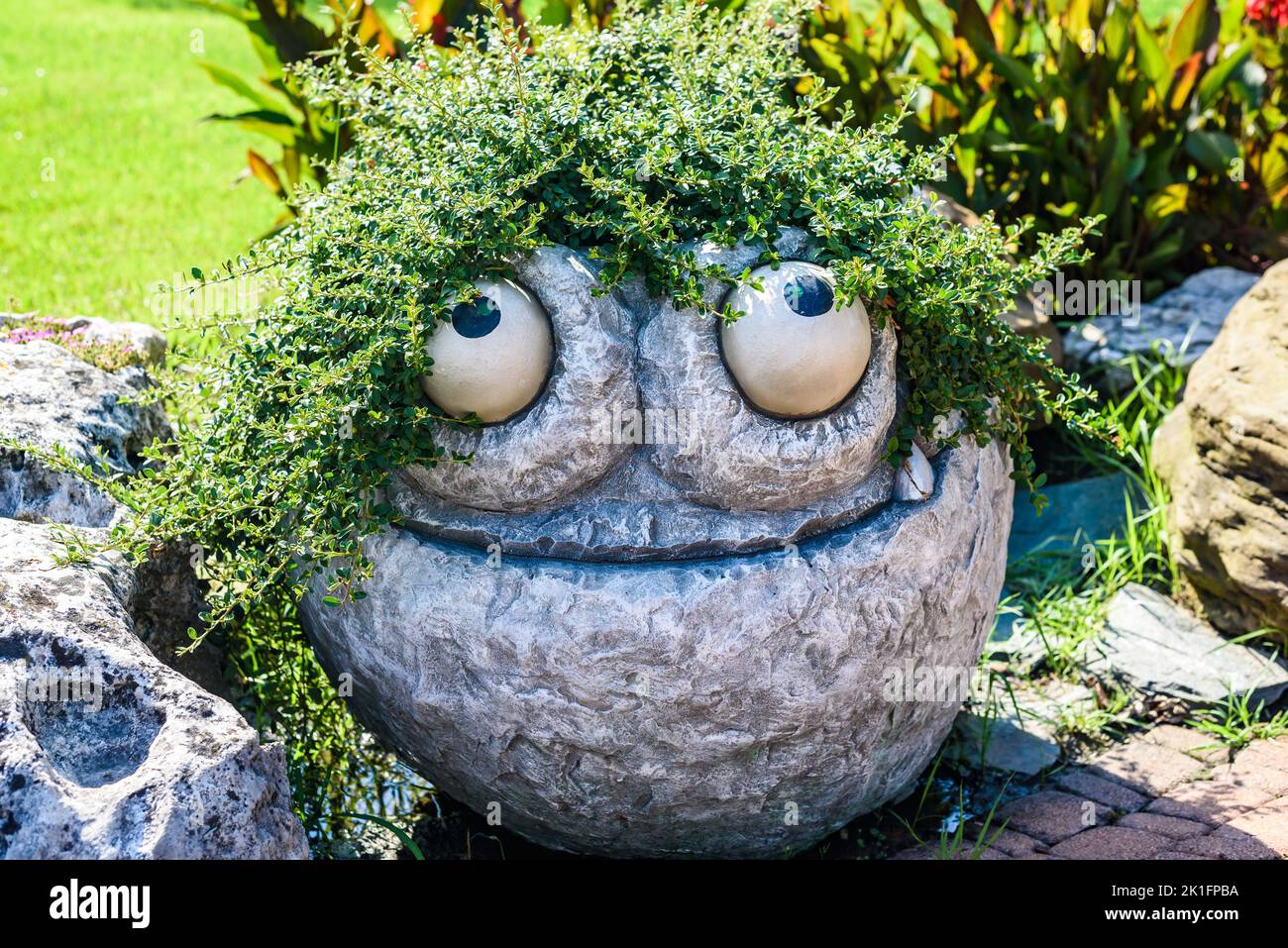 Funny stone flowerbed with eyes attracting visitors Stock Photo - Alamy