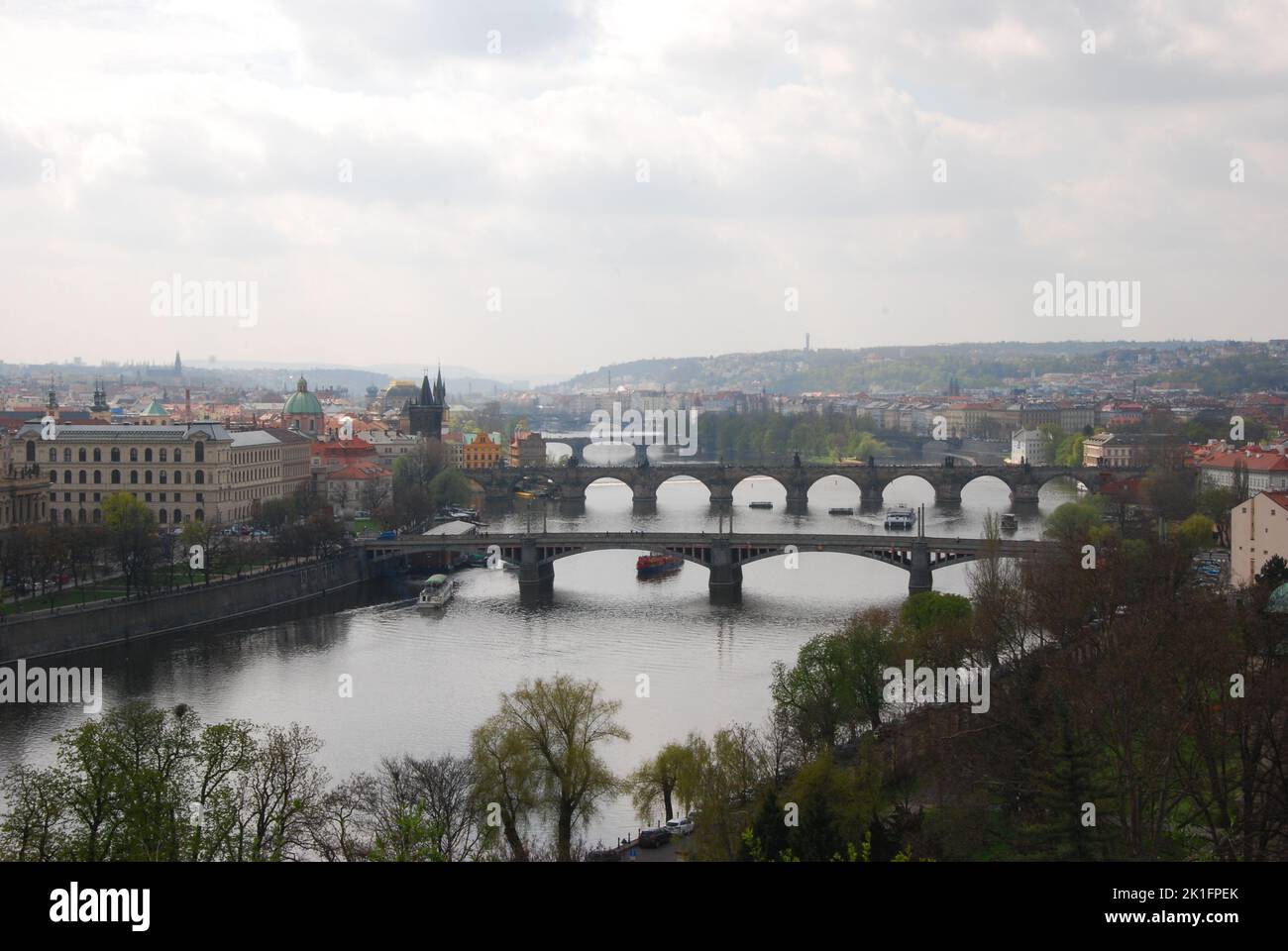 An aerial view of bridges over the Vlatva River in Prague, Czech ...